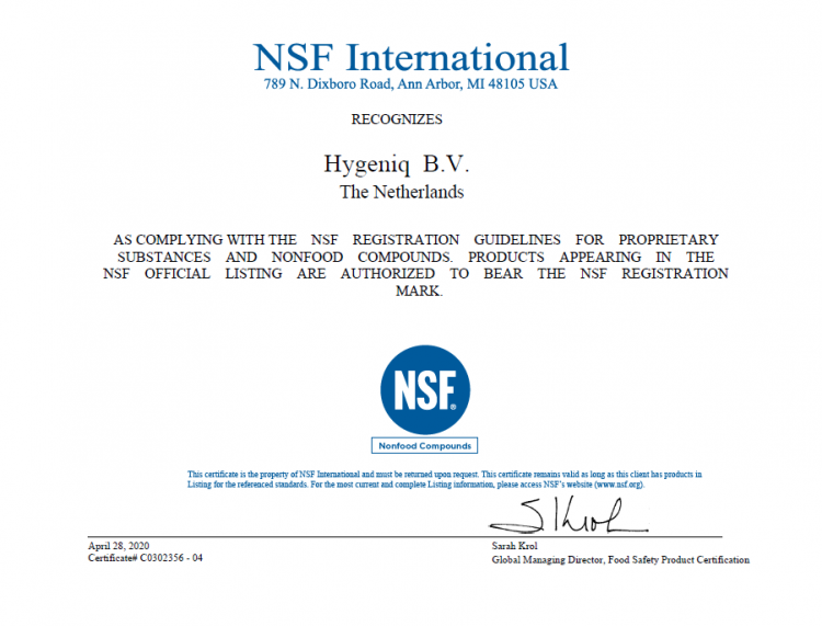 5 NSF foodgrade gecertificeerde producten | HYGENIQ